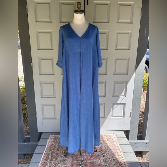 Aakasha | Dresses | Aakasha Blue Maxi Linen Dress With Inverted Pleats ...